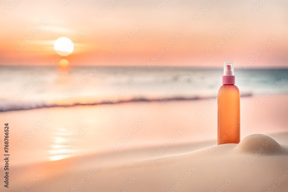 orange pinkish body lotion cream container on the beach , summer sunset ...