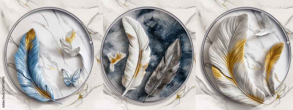 panel wall art, marble background with feather designs and butterfly ...