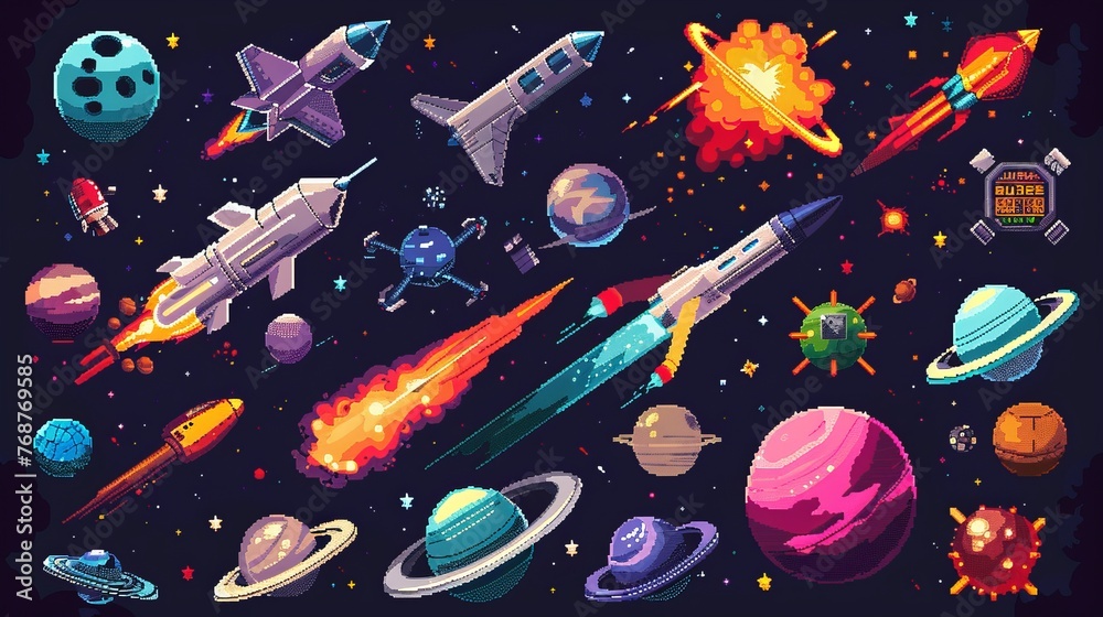 An 8bit pixel art game asset collection, featuring space planets, rockets, and starcraft ...