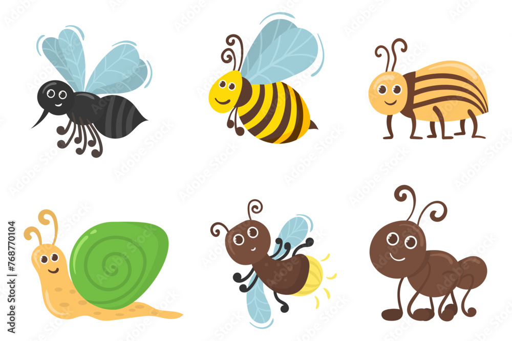 Cute cartoon insects. Funny caterpillars and butterflies, baby bugs ...