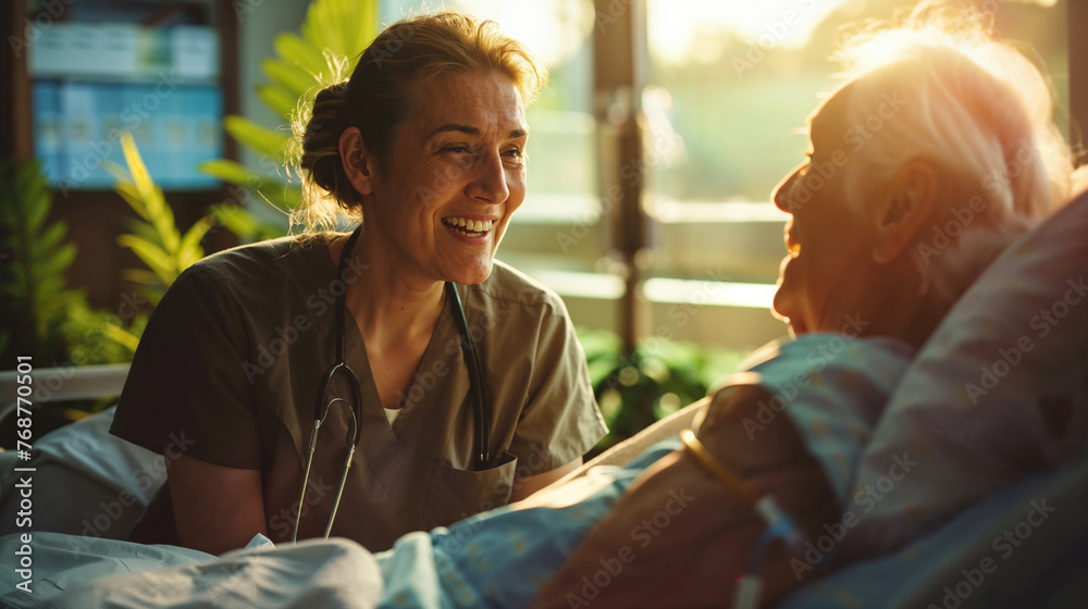 compassionate care, nurse, elderly patient, hospital room, bedside ...