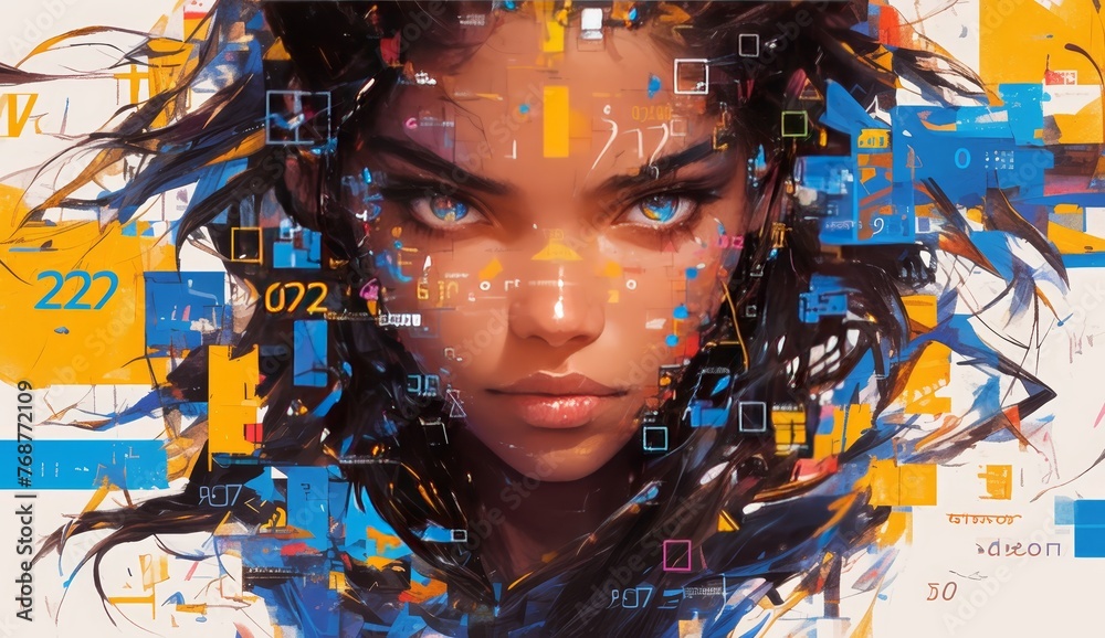 A vibrant painting of an Indian woman's face, surrounded by numbers and ...