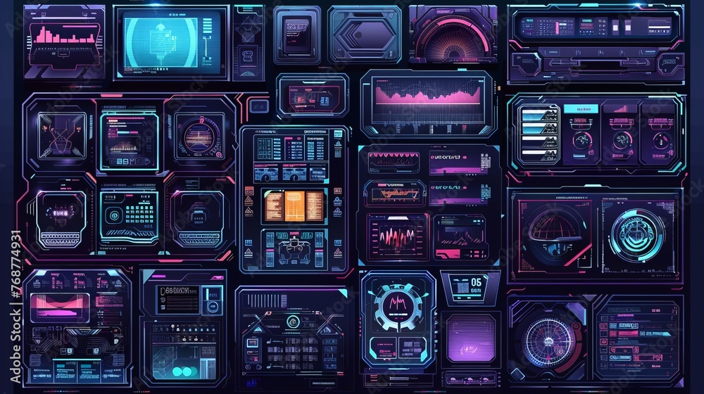 Futuristic frames within a cyberpunk HUD, featuring square screens ...
