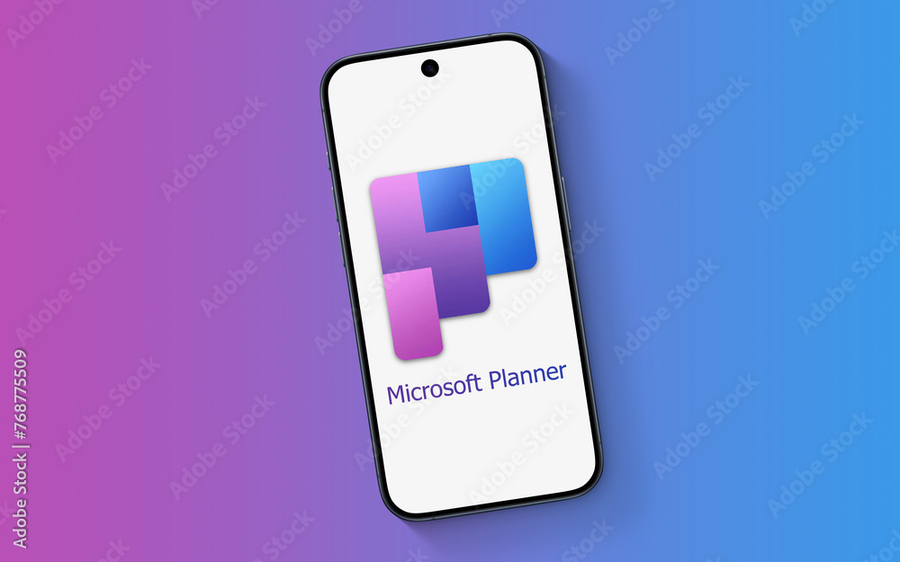 Microsoft Planner logo is displayed on a modern smartphone, purple blue ...