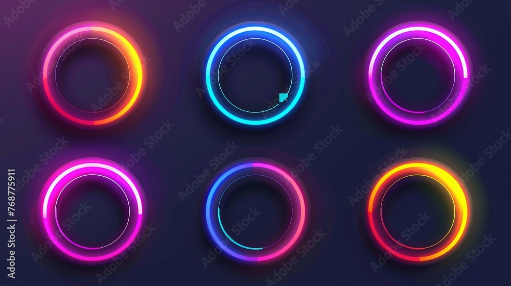 Vector round graphs depicting loading progress bars, load or download and upload web icons, with ...