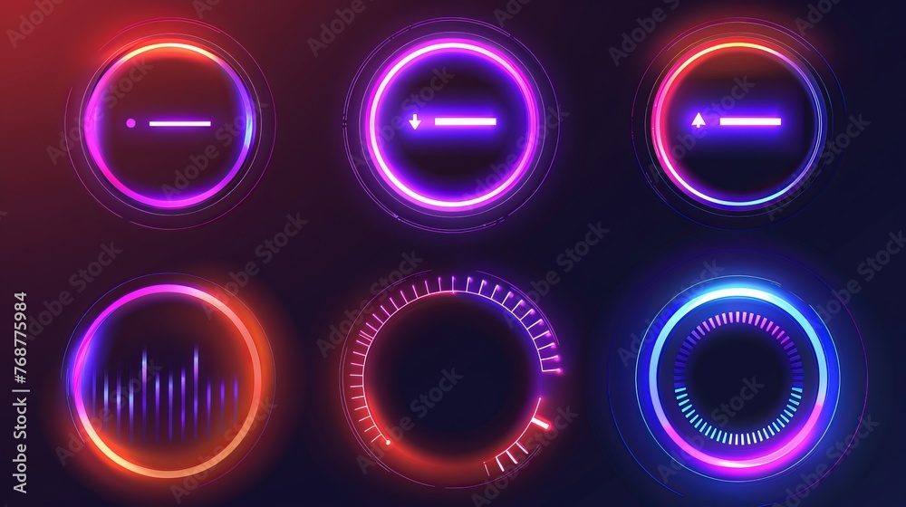 Vector round graphs depicting loading progress bars, load or download and upload web icons, with ...