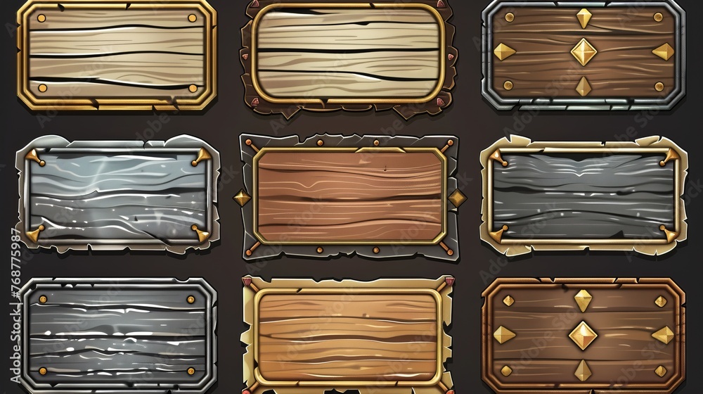 Wooden buttons framed with gold and silver for game UI design ...
