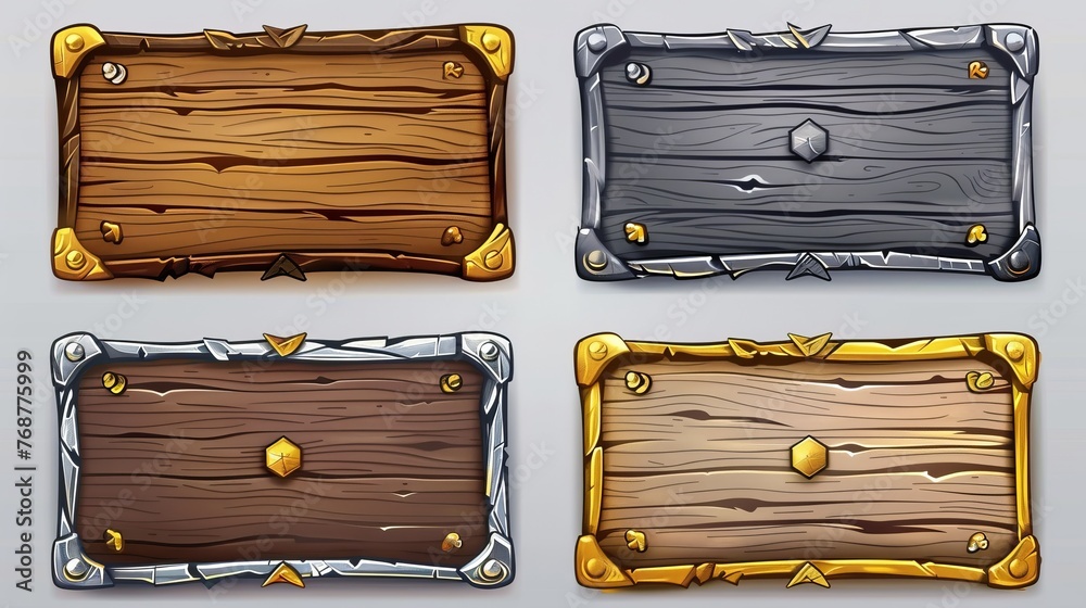 Wooden buttons framed with gold and silver for game UI design ...