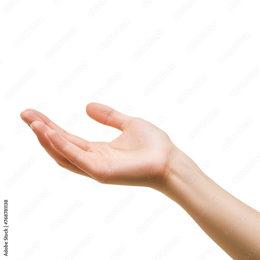A close-up image of a woman's hand reaching out, palm facing up and ...
