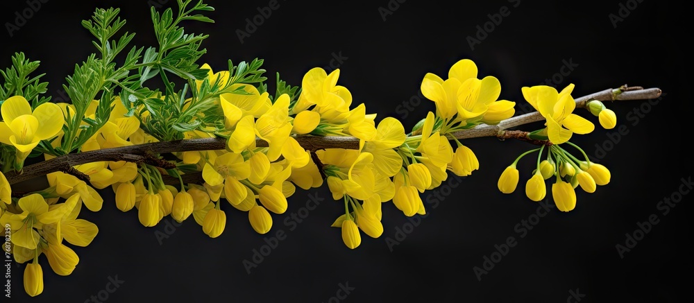 Branch of Vetch-like coronilla with yellow flowers, known as ...
