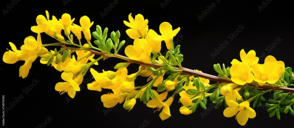 Vivid yellow flowers blooming on a branch of Vetch like coronilla plant ...
