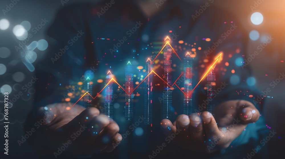 A businessman shows a graph with an arrow pointing up to represent a ...