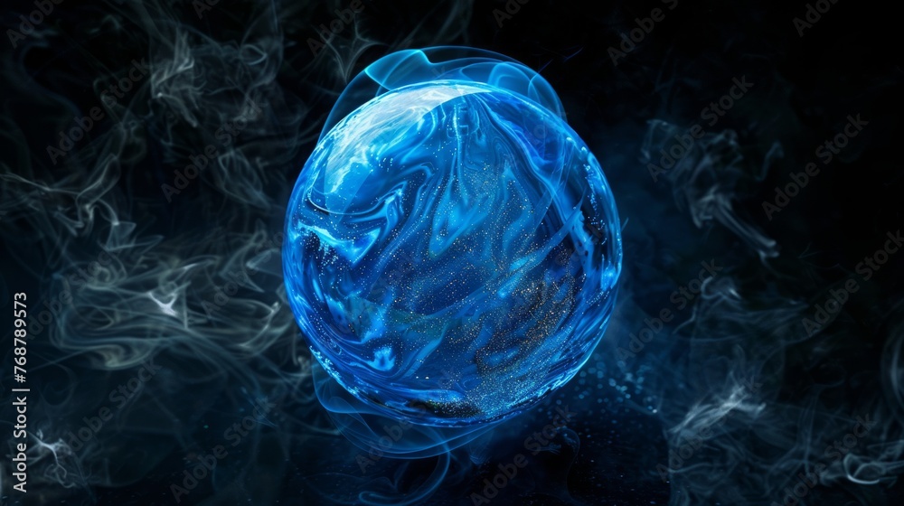 Glitter liquid. Paint water. Shiny swirl. Oracle sphere. Blue color ...