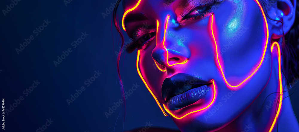 A woman with neon colored hair and makeup. image is a close up of her ...
