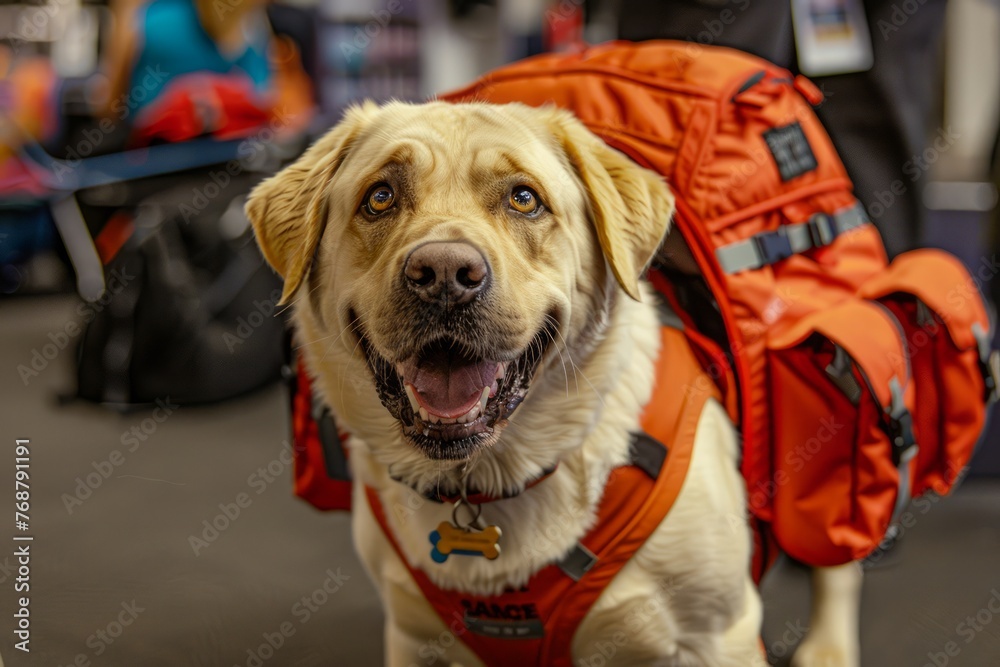 Smiling Service Dog Wearing Orange Harness and Backpack at Work, Canine ...