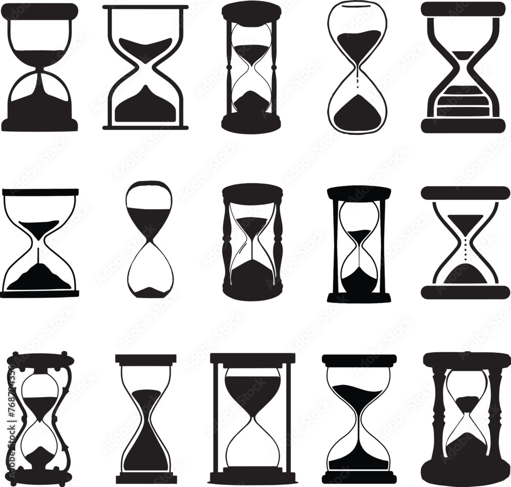 Vector illustration of multiple hourglasses of various sizes and shapes against a white ...