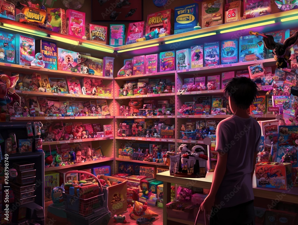 A boy stands in a toy store aisle with a cart full of toys. The store ...