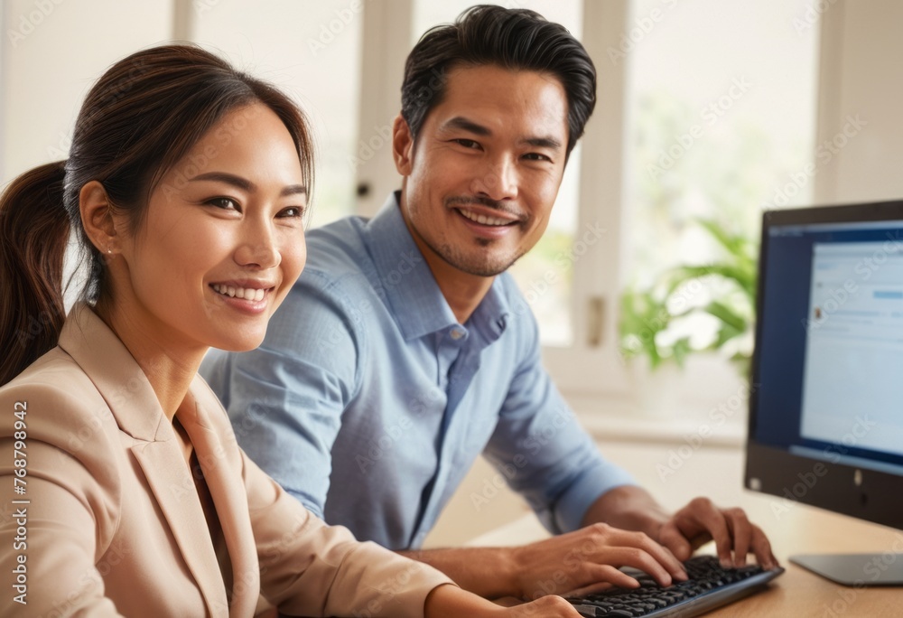 Two colleagues smiling and working together with a computer in an ...