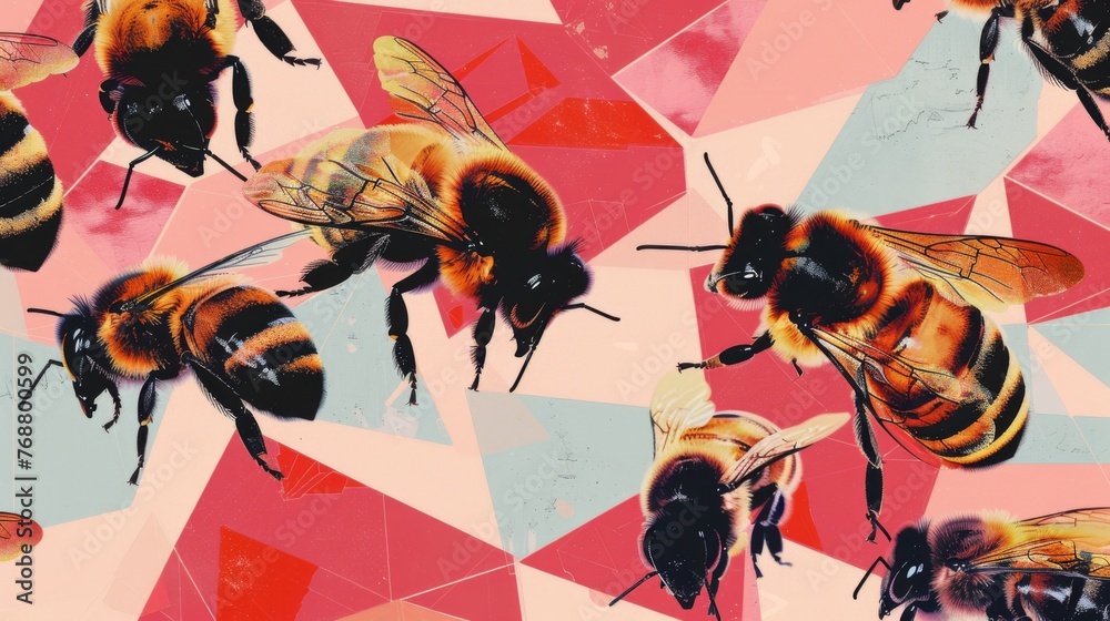 This vibrant image bursts with color and energy, displaying bees ...