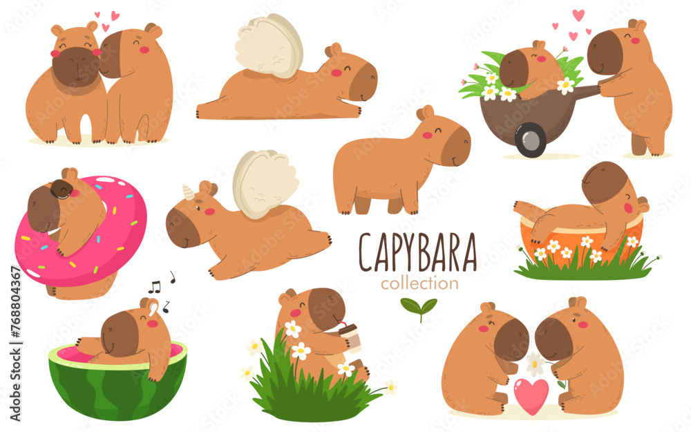 Collection of happy Capybaras, capybara characters in cartoon flat ...