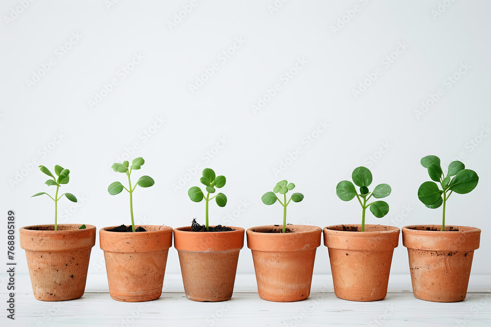 Progressive stages of plant growth in a line of terracotta pots Stock ...