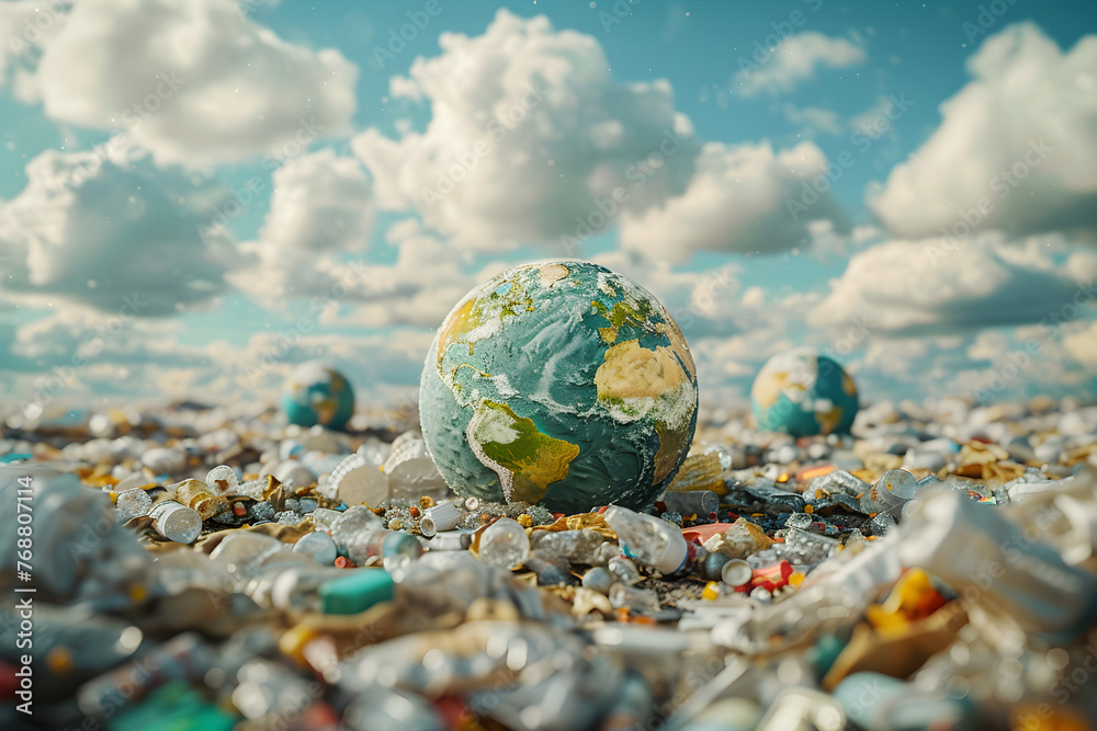 The image depicts the concept of a plastic world and earth ...