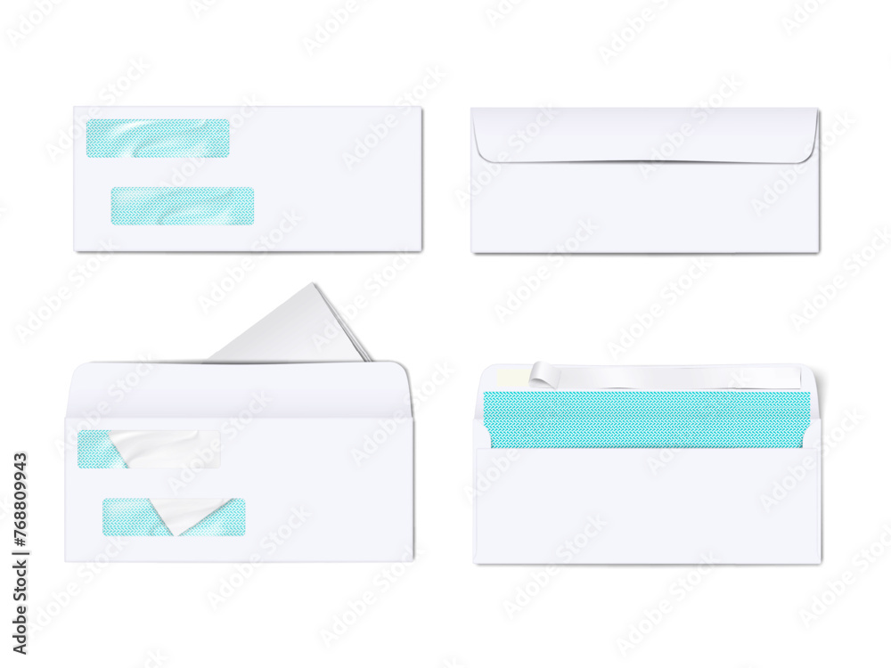 Blank white two clear window envelope. Front and back, closed and open ...