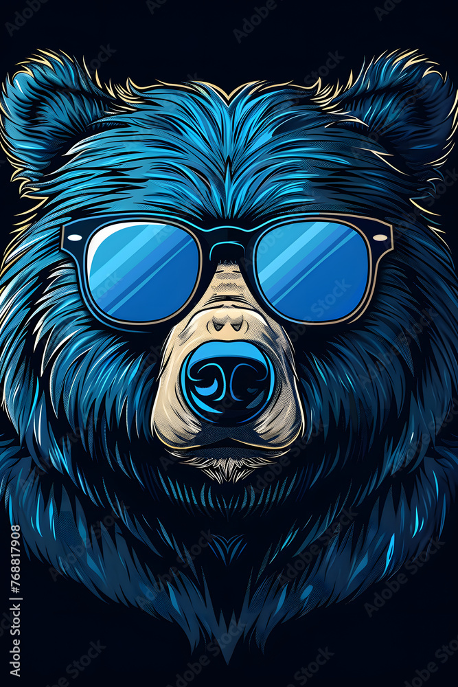 A blue bear with whiskers and sunglasses is depicted in a painting on a ...