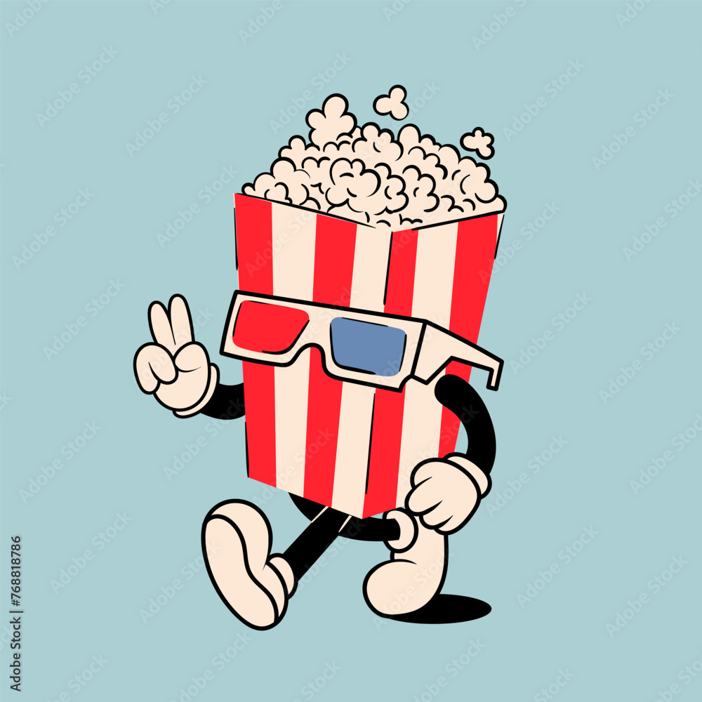 Popcorn bucket with 3d glasses. Cute cartoon character with hands, legs ...