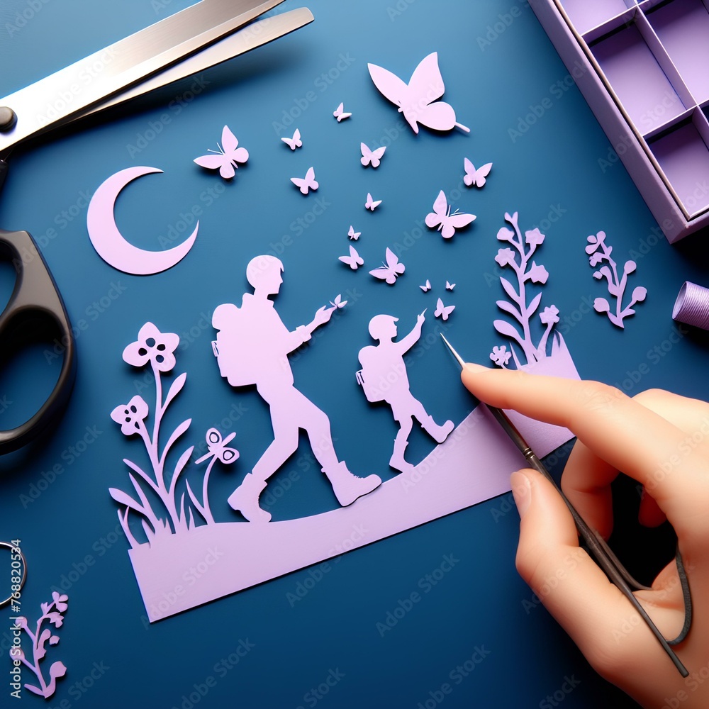 two lavender silhouetted stick figures, one figure is hiking, and the ...