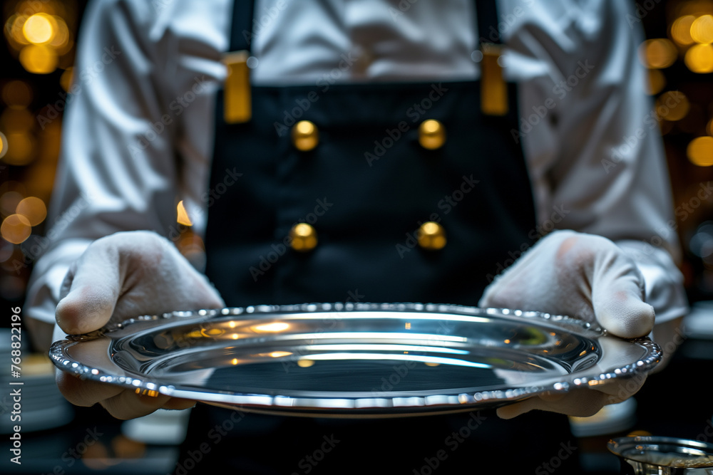 Waiter tray butler hand serve hold plate isolated white man silver ...