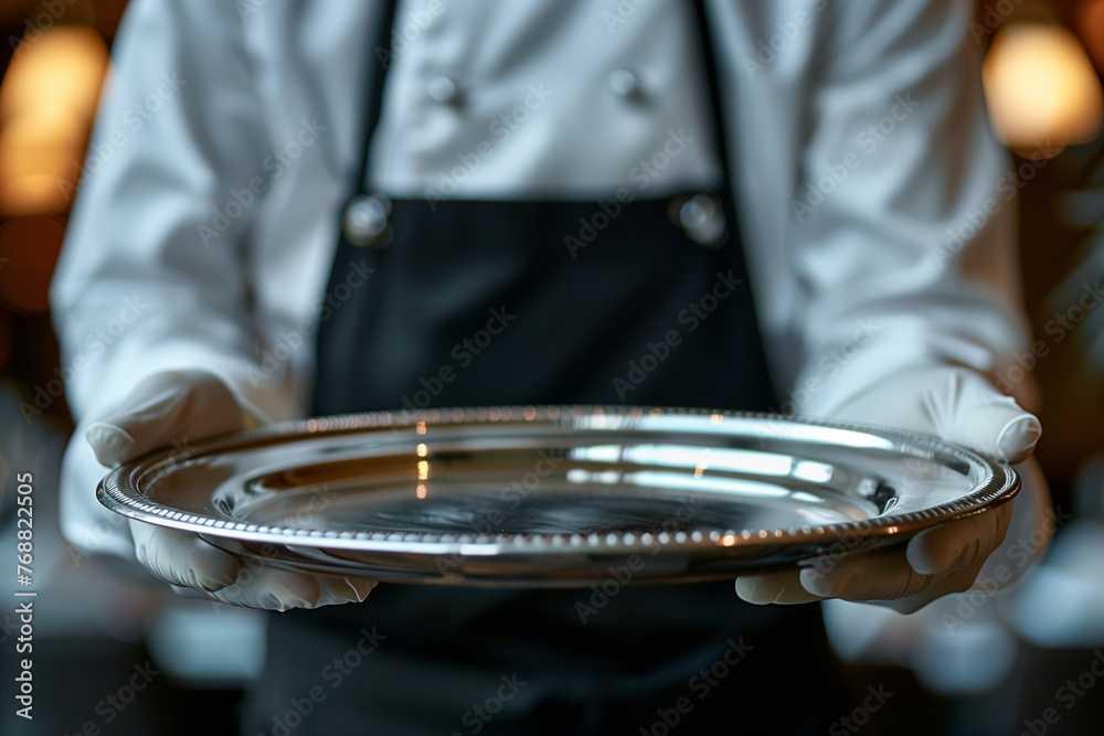 Waiter tray butler hand serve hold plate isolated white man silver ...