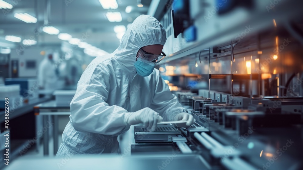 Research scientist in sterile suit and protective glasses working in ...