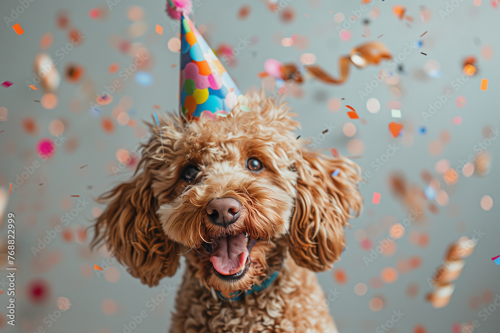 Happy cute labradoodle dog wearing a party hat celebrating at a ...