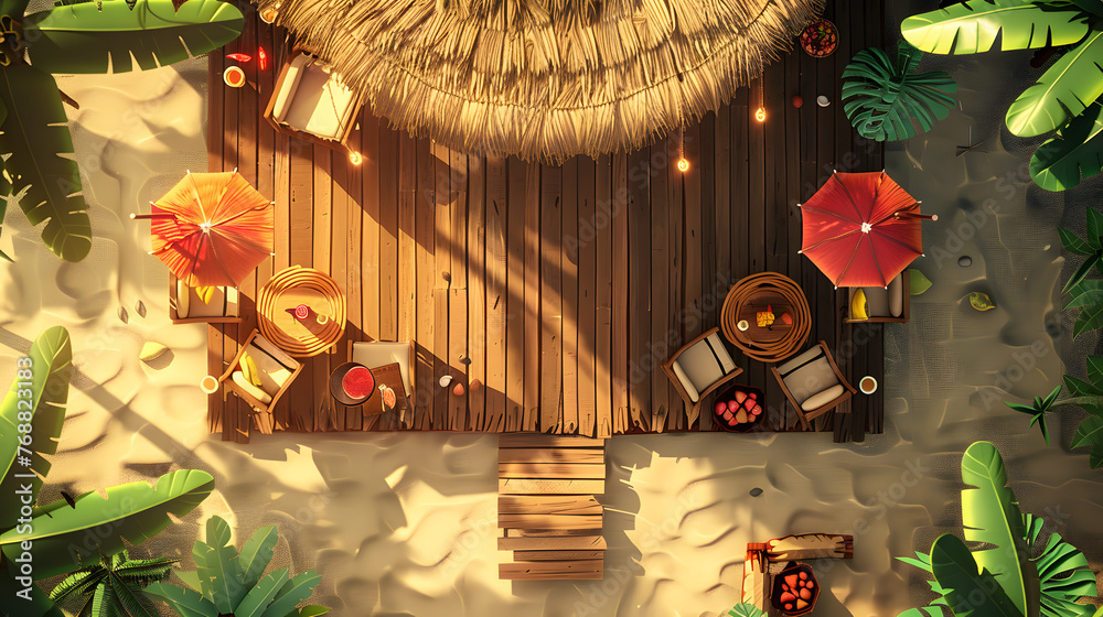 Tropical Paradise: A Vibrant Illustration of a Hawaiian Beachside Caf ...