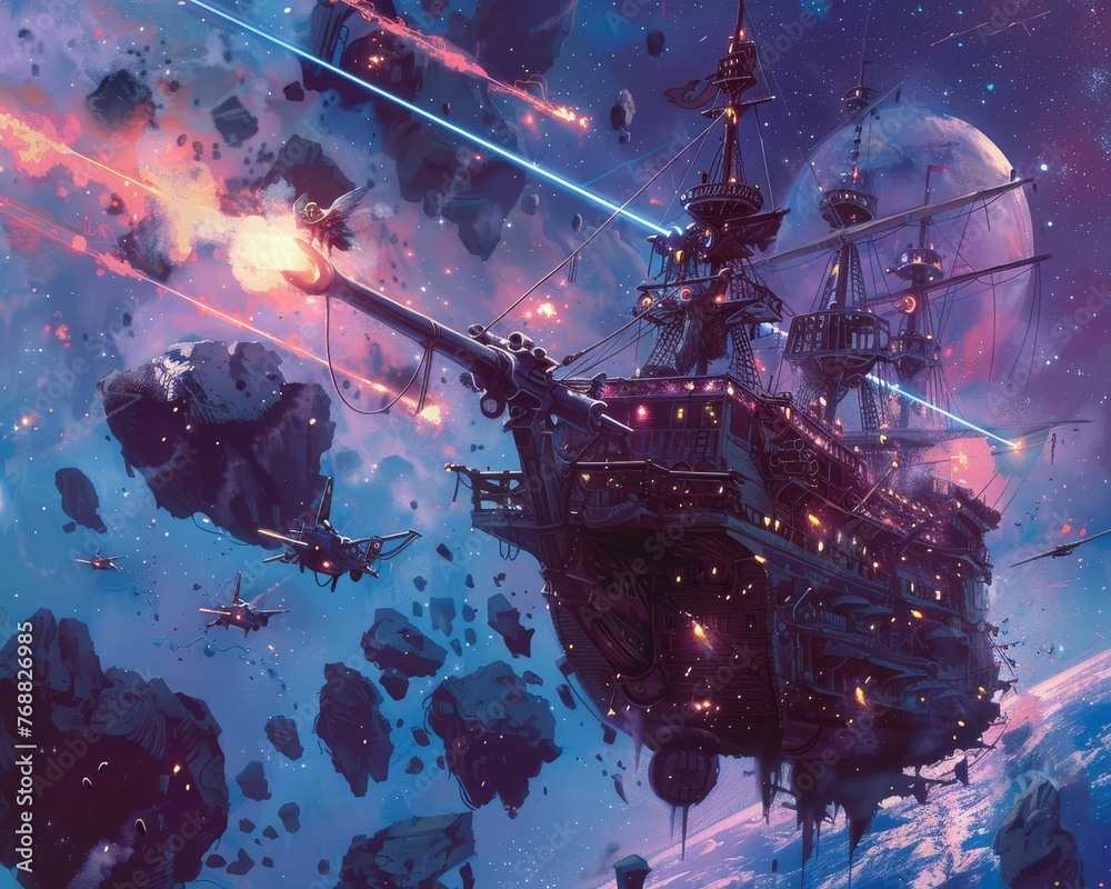 Classic pirate ship in space, crew with laser swords, asteroid islands ...