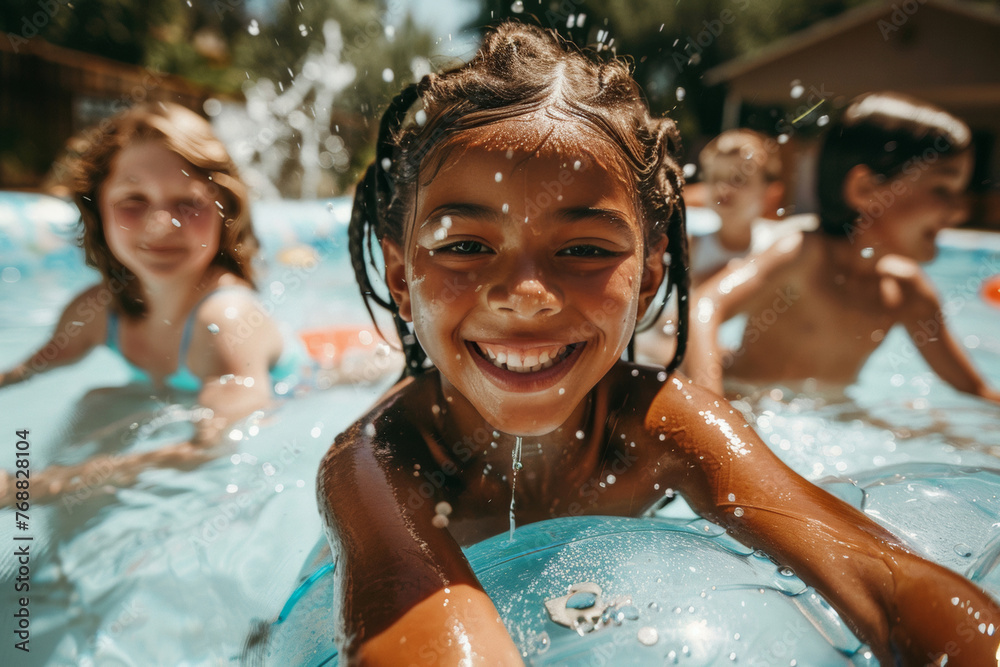 group of diverse children in swimming pool with inflatable ring circles ...