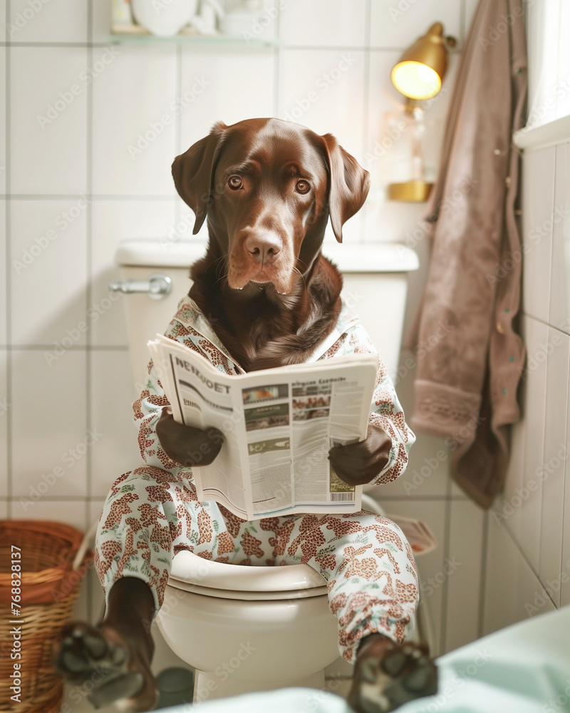 Chocolate Labrador dog wearing pajamas's sitting on a toilet, reading ...
