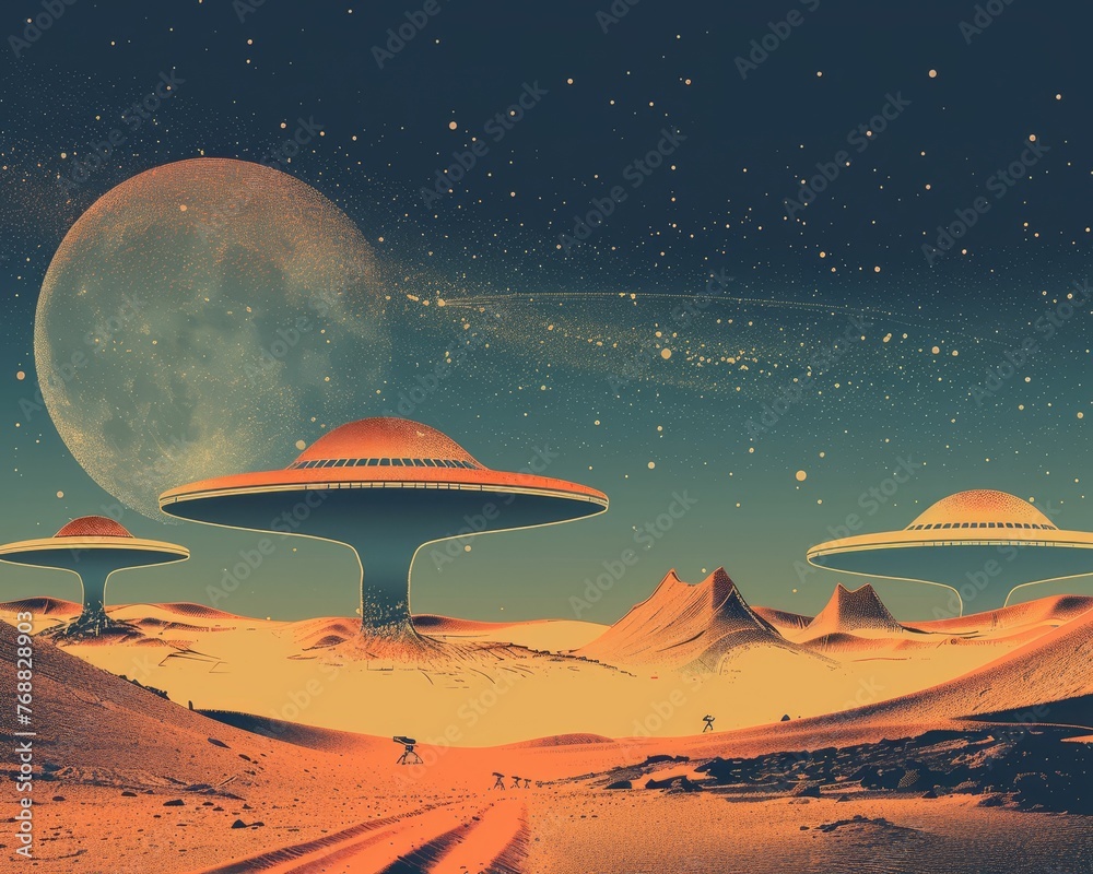 Vintage space beach, sand dunes, dual sunsets, alien lifeguards Stock ...