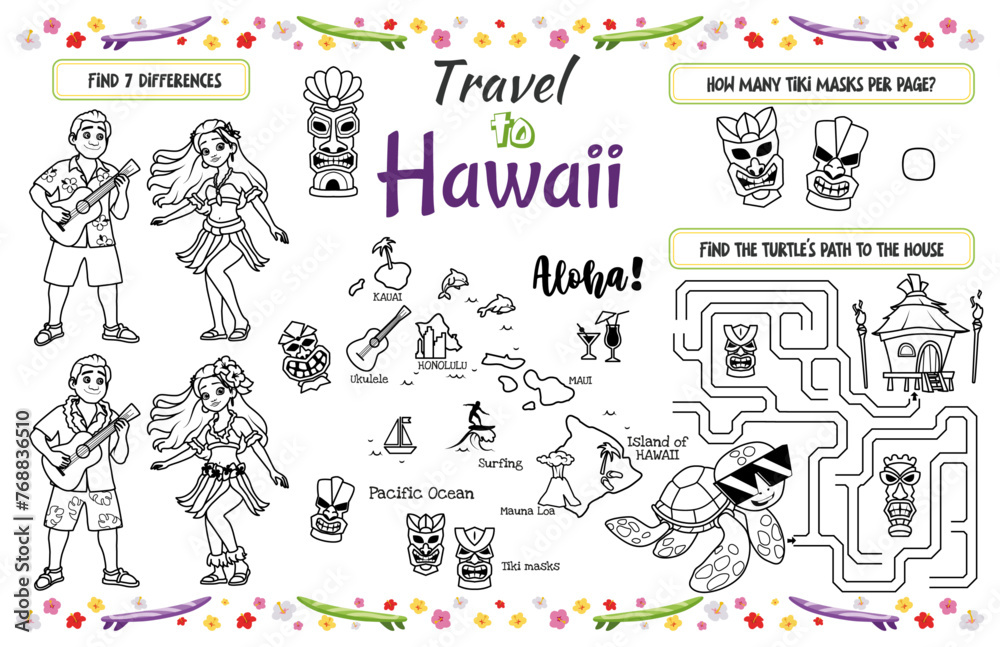 Vetor de A fun placemat for kids. Printable to “Travel to Hawaii ...