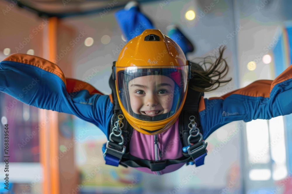 Free falling of a child boy in a simulator at a city skydiving center ...