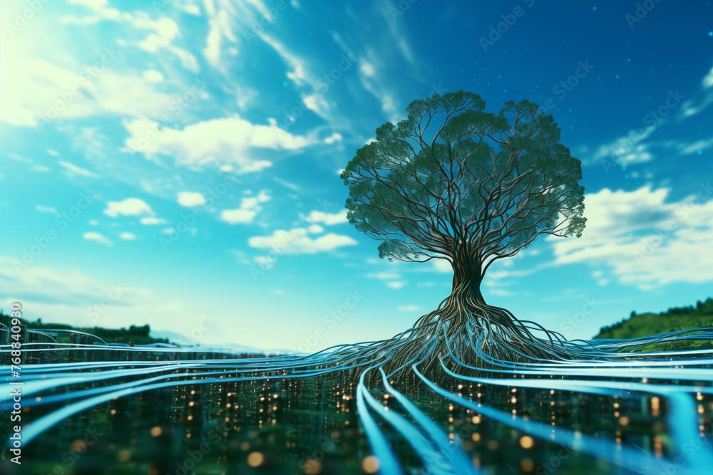 Surreal digital tree with sprawling roots in an electronic landscape ...