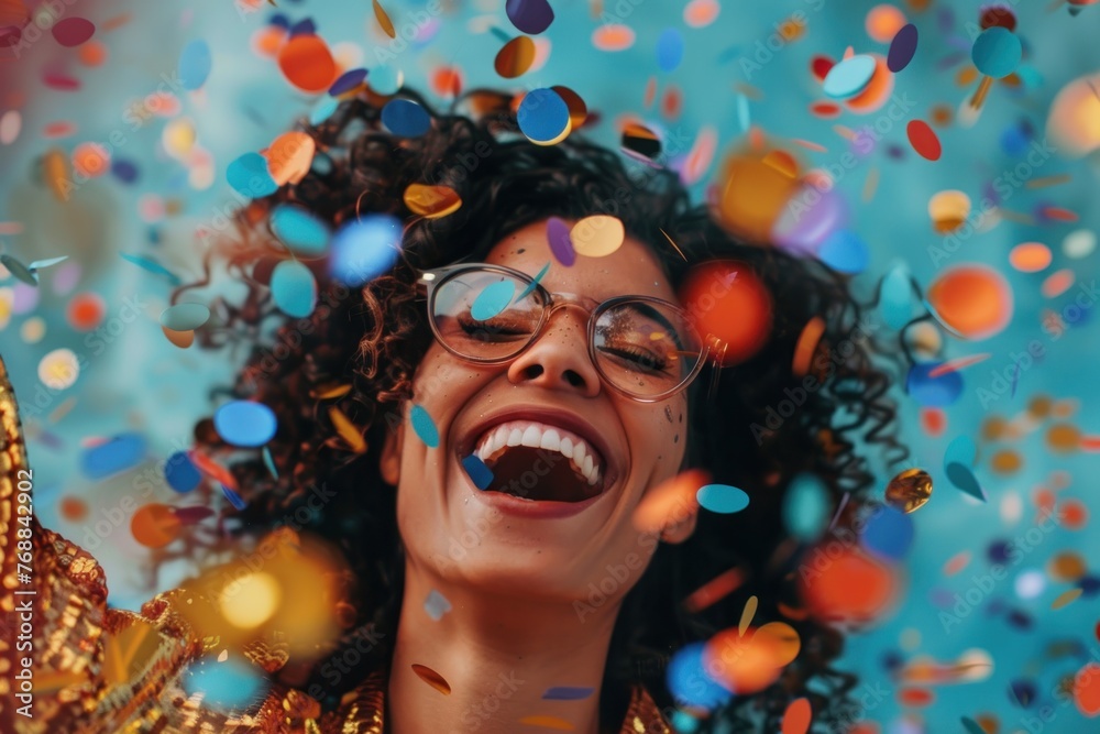Woman celebrating on a party having fun laughing under the flying ...