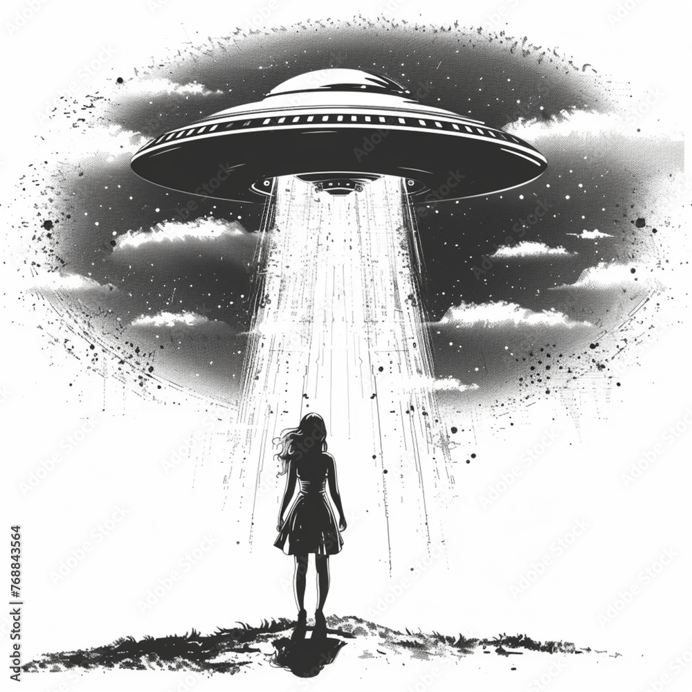 Alien abduction of a woman, black and white Stock Illustration | Adobe ...
