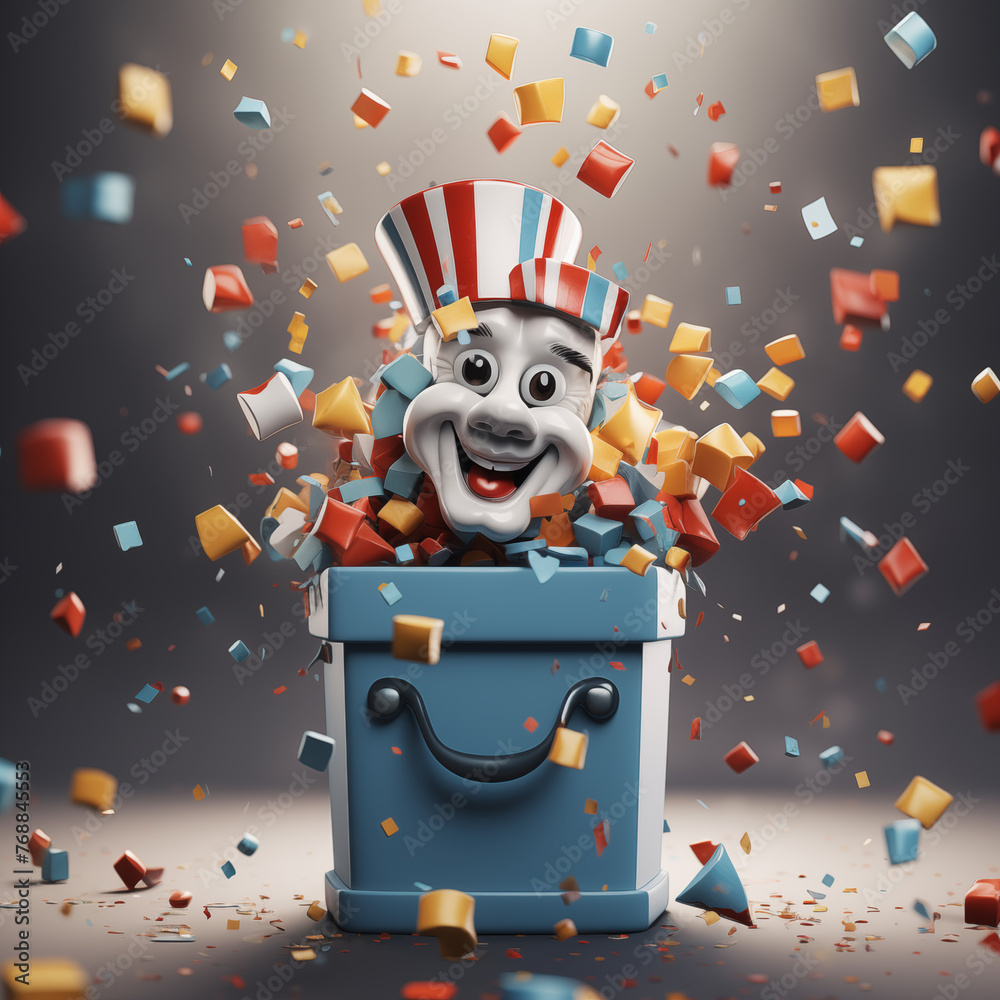 Jack in the Box with confetti, jester hat. April fool day concept Stock ...