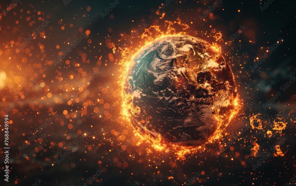 The Earth globe suffers the impact of destruction caused by ruthless ...