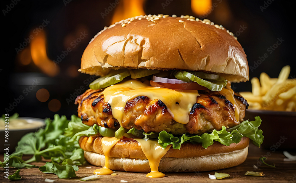 Present a close-up view of a fully assembled chicken burger, focusing ...