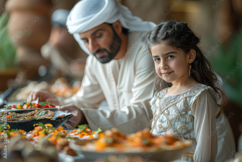 Arabic Father and Daughter Enjoying Traditional Cuisine Cultural Feast ...