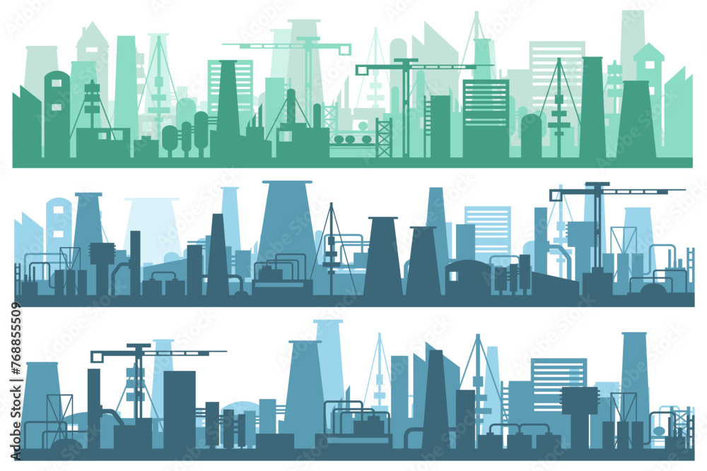 Industrial factories silhouette background. Blue oil refinery complex ...