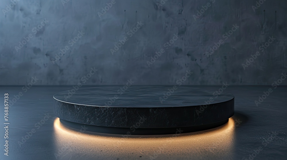 Circular exhibition platform with textured wall and halo lighting ...